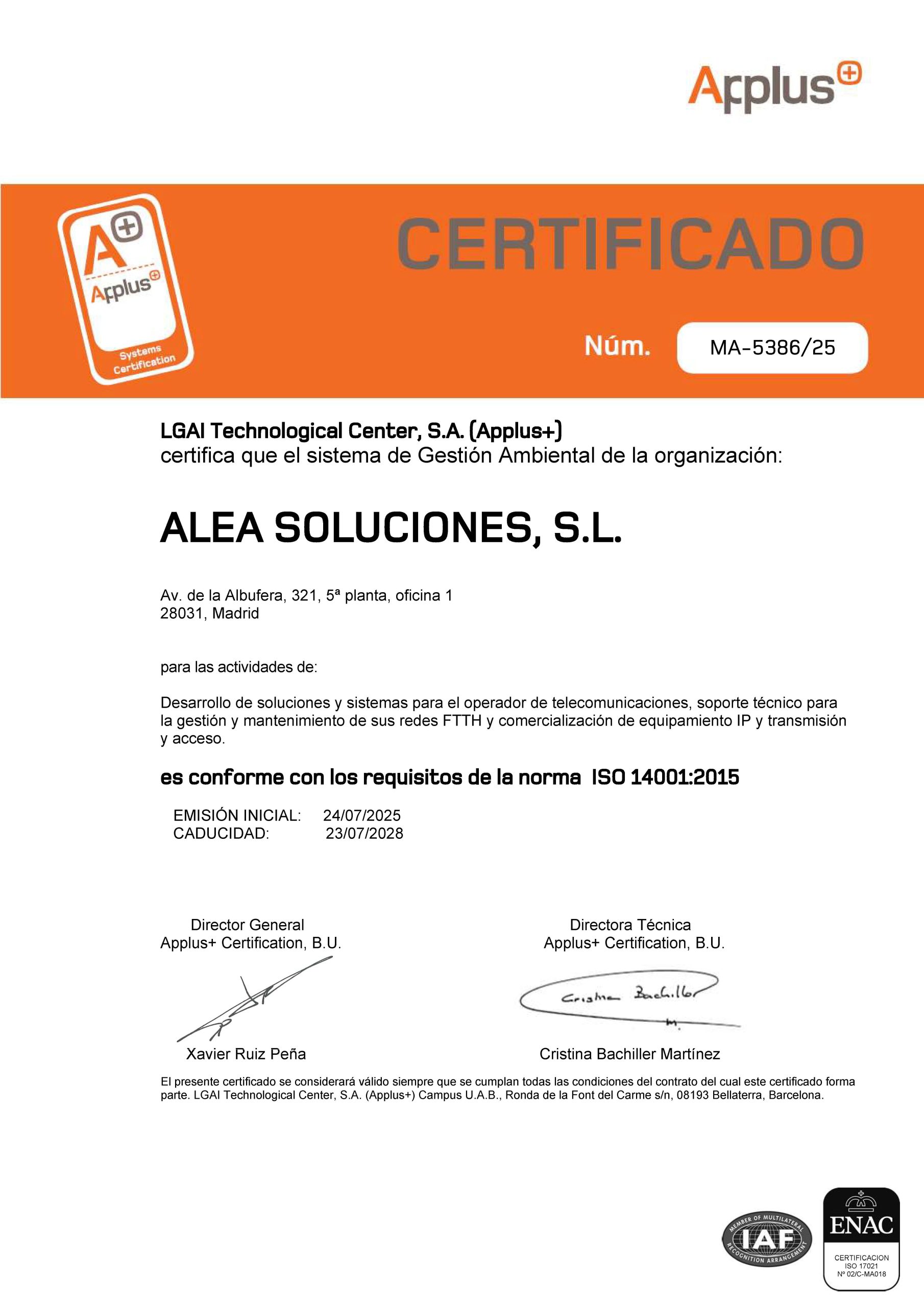 Alea obtiene las certificaciones ISO 9001 y 14001 - Alea Soluciones